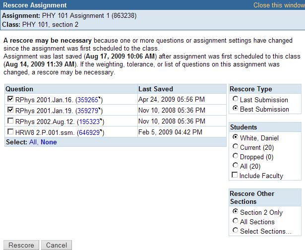 WebAssign: Rescore Assignments for Affected Students